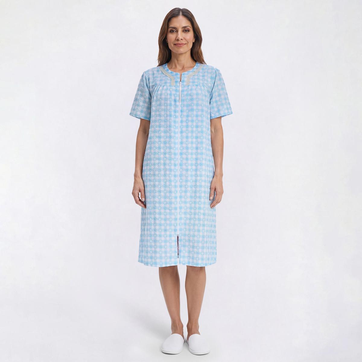 Click here for Womens Casual Time Seersucker Plaid Embossed Zip F... prices